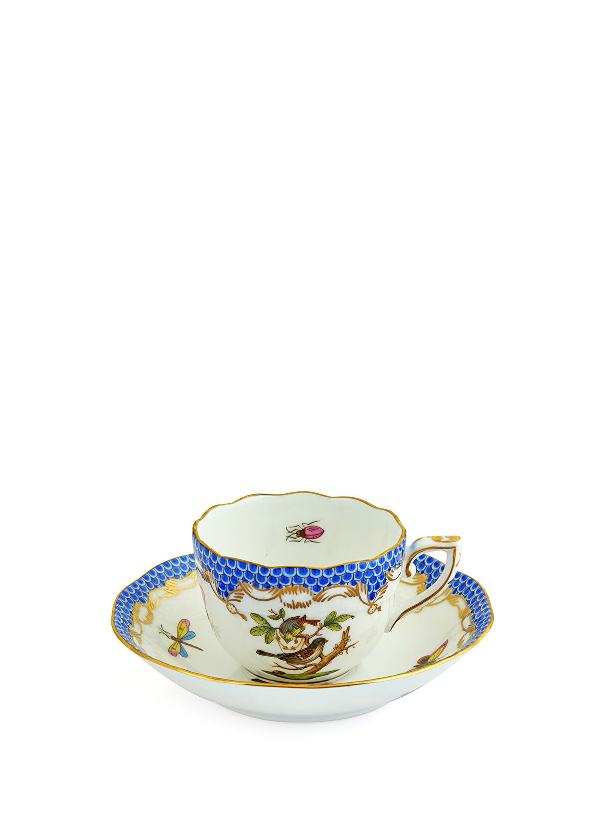 Herend - Rothschild Desenli Porselen Kahve Fincanı ve Tabağı - Çok Renkli