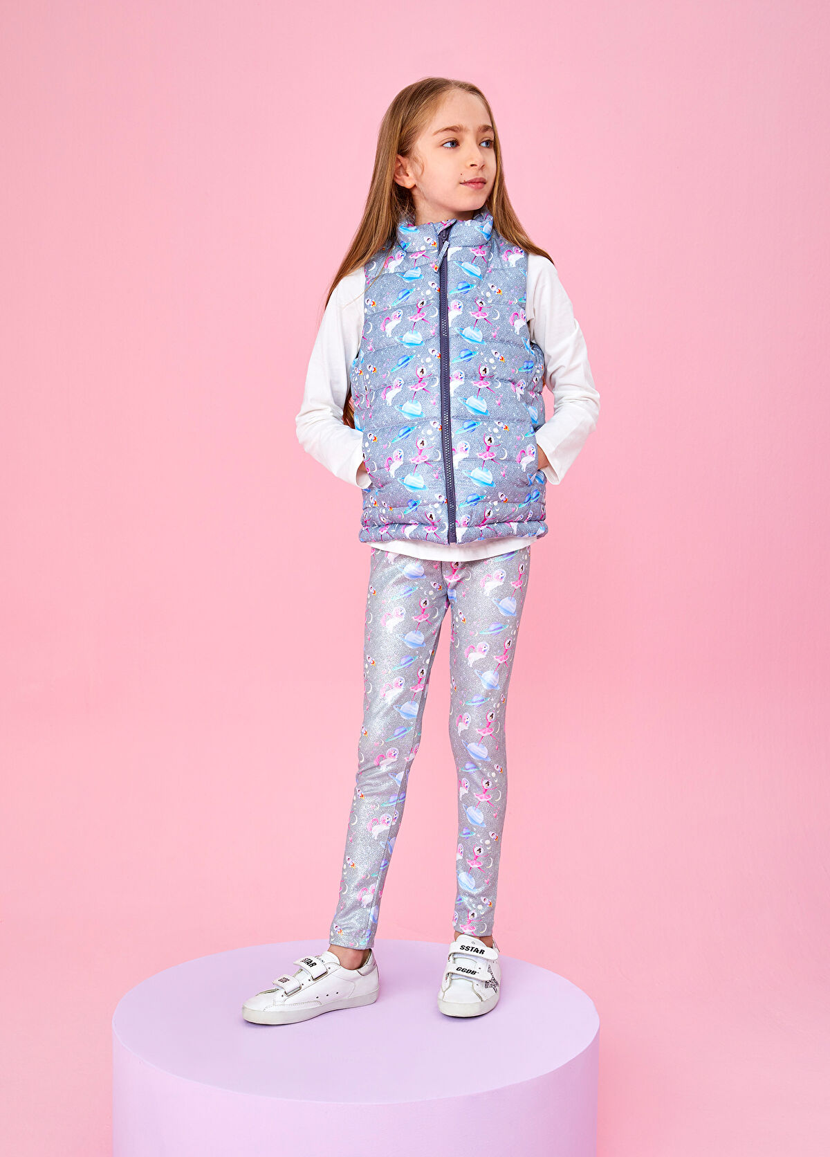 Miss Muse - Gökkuşağı ve Unicorn Desenli Kız Çocuk Simli Tayt - Mavi