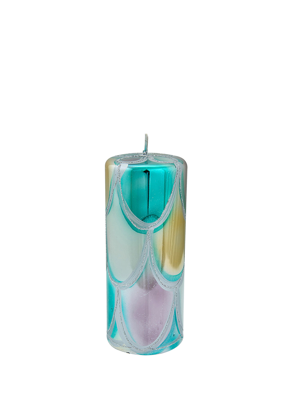 Fem Candles - Metalik Turkuaz Gümüş Simli Silindir Mum - Çok Renkli