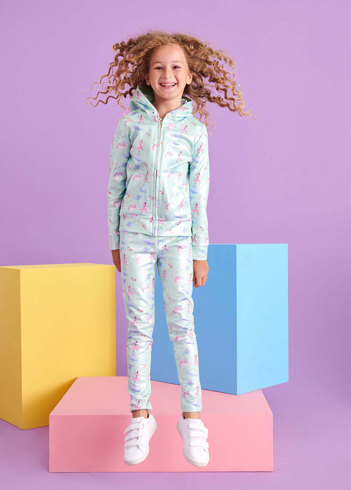 Miss Muse - Ballerina in Space Desenli Simli Kız Çocuk Tayt - Yeşil