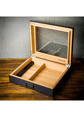 Lubinski - Cedar Basic Glazed Slim Digital Humidor Carbon 15's Cigar Box