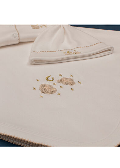 Florije - Bej Nakışlı Organik Pamuk 4lü Yeni Doğan Seti - Bej