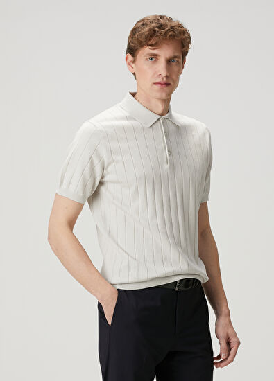 Corneliani Beyaz Erkek Beyaz Polo Yaka Çizgi Dokulu Kısa Kollu Triko ...