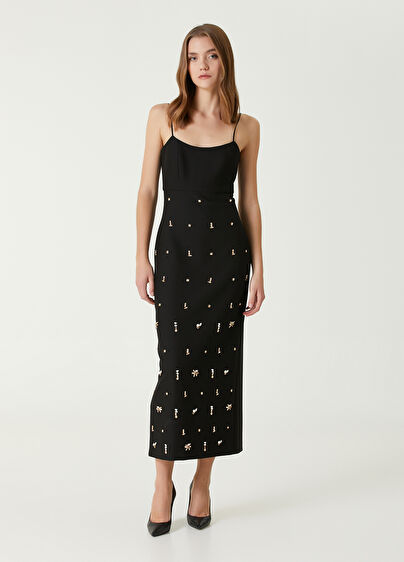 Beymen Collection - Siyah Taş İşlemeli Midi Kokteyl Elbise - Siyah
