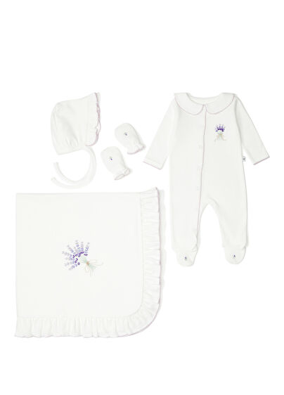 Florije - Lila Lavanta Nakışlı 4 Parça Yenidoğan Seti - Lila