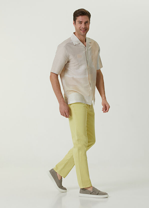 Zegna - Bej Batik Desenli Kısa Kollu Keten Gömlek - Bej