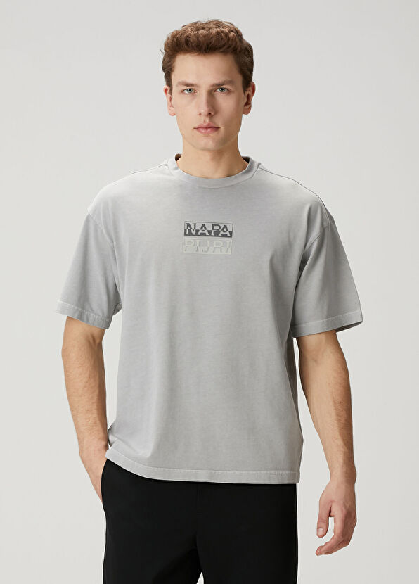 Napapijri - Cortona Açık Gri Logo Baskılı T-shirt - Açık Gri