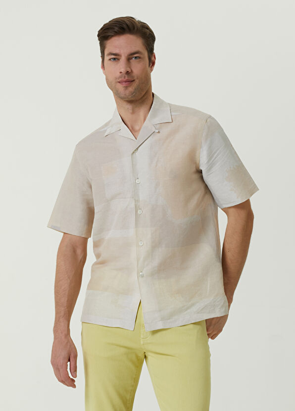 Zegna - Bej Batik Desenli Kısa Kollu Keten Gömlek - Bej