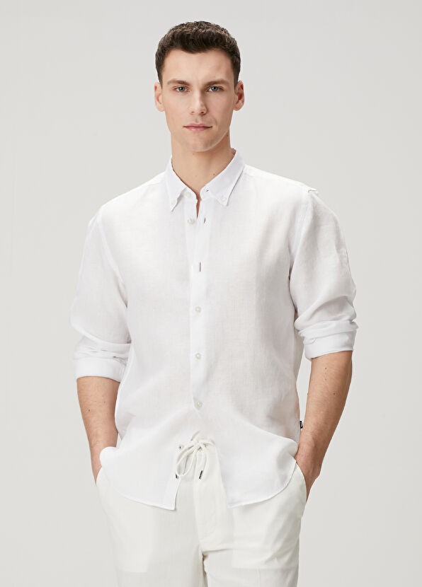 Boss - Liam Regular Fit Beyaz Keten Gömlek - Beyaz