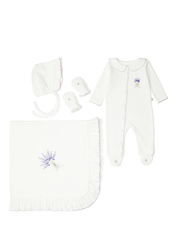 Florije - Lila Lavanta Nakışlı 4 Parça Yenidoğan Seti - Lila