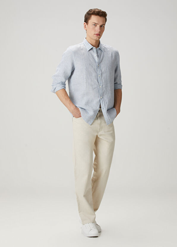 Michael Kors Açık Mavi Erkek Açık Mavi Çizgi Desenli Keten Gömlek ...