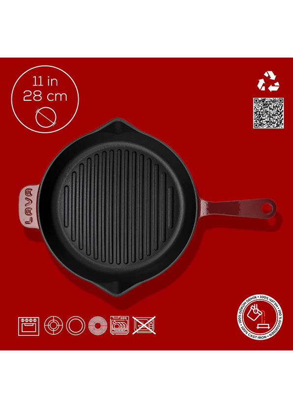 LAVA - Burgundy Cast Iron Monolithic Handle Concave Bottom Round Grill ...