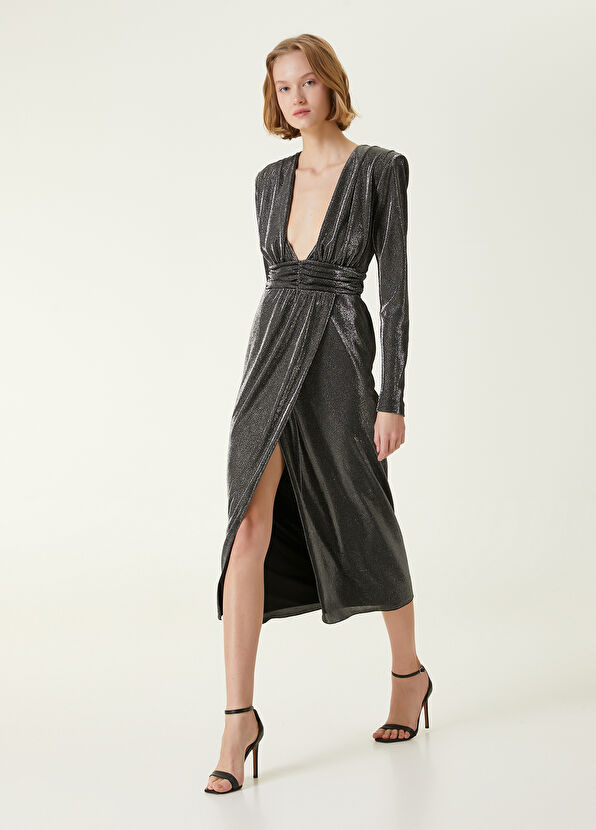 Beymen Collection - Antrasit Drapeli Midi Kokteyl Elbise - Antrasit