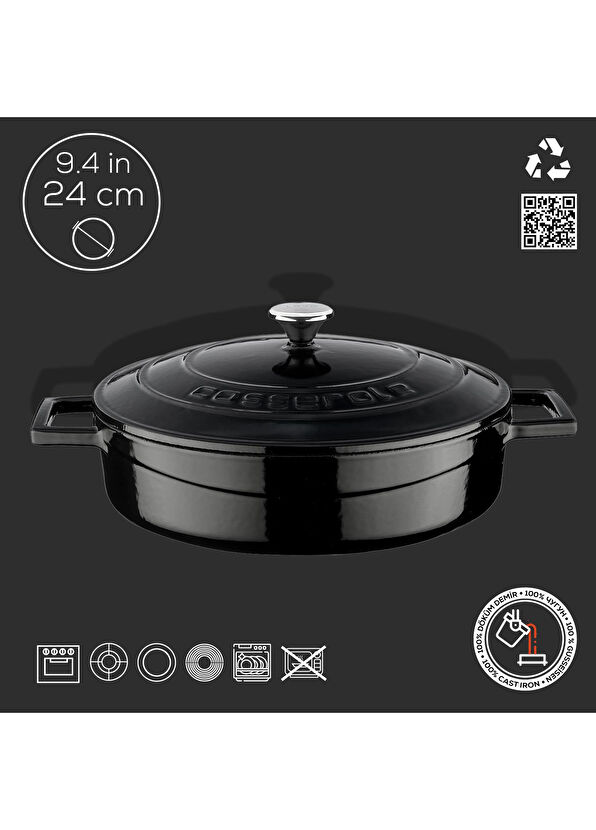 LAVA - Folk Series Black Cast Iron Multi-Purpose Flat Pot 24 cm