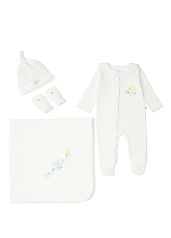 Florije - Mavi Nakışlı 4lü Organik Pamuk Yeni Doğan Seti - Mavi