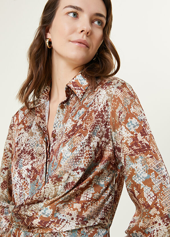 Beymen Collection - Yılan Desenli Midi Gömlek Elbise - Vizon