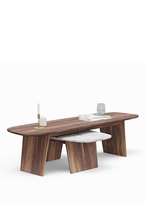 Hamm Design - Amorfus Carrara Keten Yağlı Ceviz Orta Sehpa - Beyaz