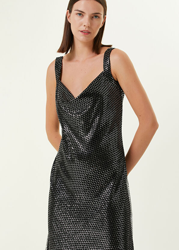 Beymen Collection - Siyah İşlemeli Midi Kokteyl Elbise - Siyah