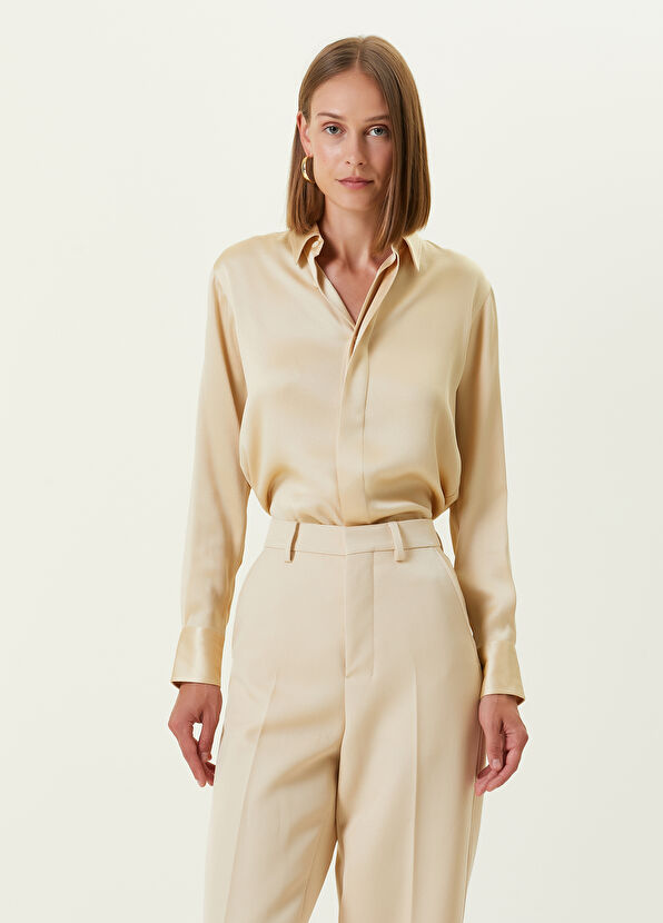 Ami Paris - Krem Klasik Yaka Saten Gömlek - Krem