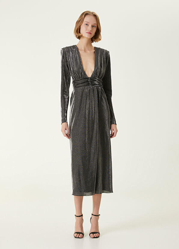 Beymen Collection - Antrasit Drapeli Midi Kokteyl Elbise - Antrasit