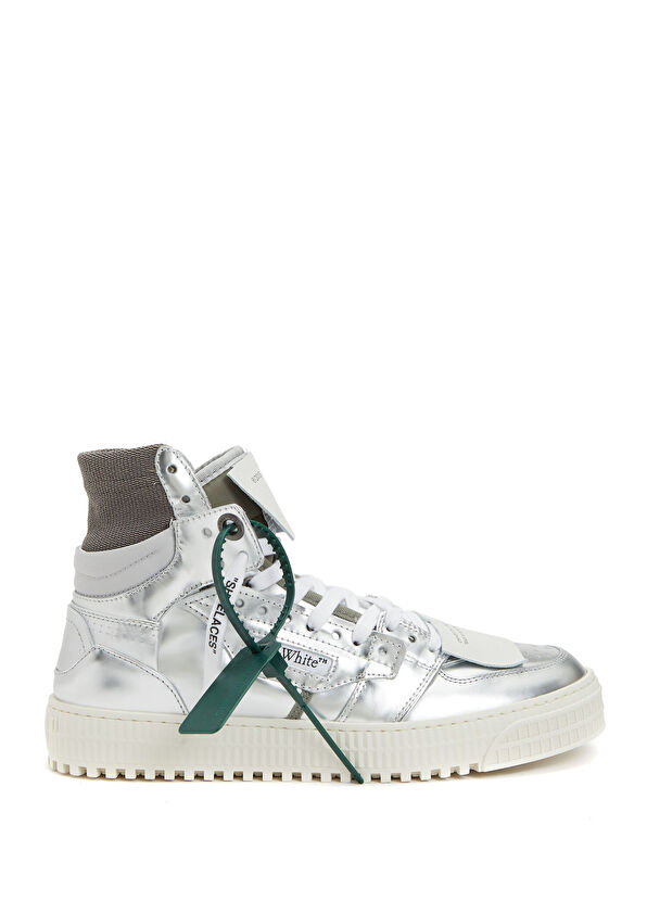 Off-White - Silver Logolu Kadın Deri Sneaker - Gri