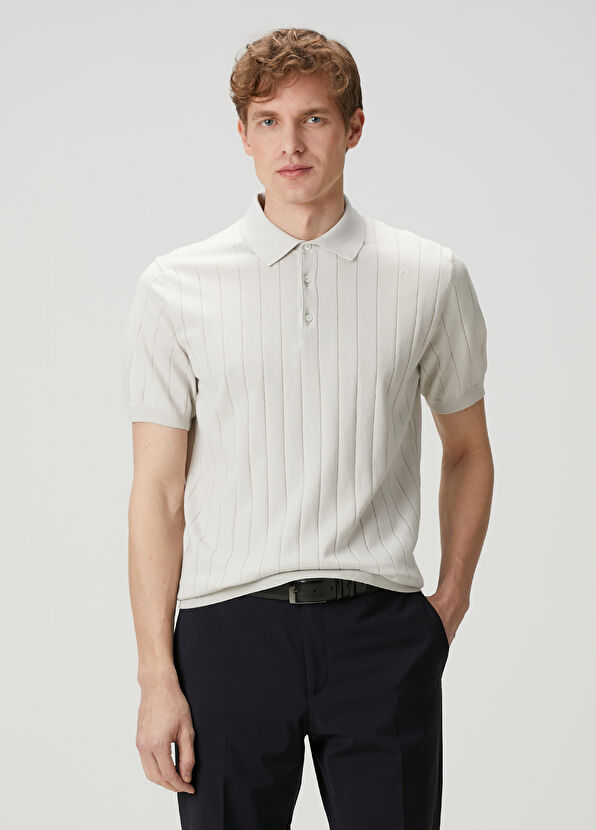 Corneliani Beyaz Erkek Beyaz Polo Yaka Çizgi Dokulu Kısa Kollu Triko ...