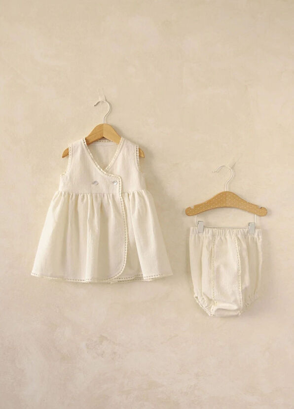 Babylone - Soft Linen Cream Linen Dress and Panties Baby Girl Set of 2