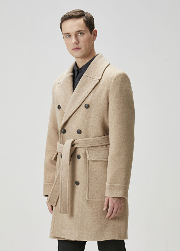 Beymen Club - Bej Kruvaze Yün Palto - Bej
