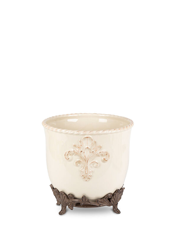 Gg Collection - Cream Ceramic Pot on Stoneware Metal Base