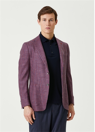 Isaia Erkek Lacivert Kiremit Kareli Yün Ceket Kahverengi 54 IT