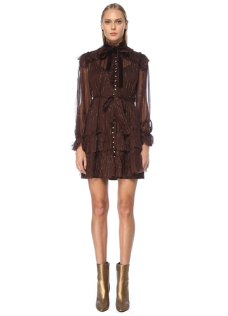 Zimmermann Kadın Kahverengi Mini Tül Çizgili İpek Kokteyl Elbise 0 US Zimmermann Kadın Kahverengi Mini Tül Çizgili İpek Kokteyl Elbise 0 US