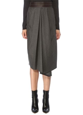 Brunello Cucinelli Kadın Gri Deri Garnili Asimetrik Midi Yün Etek 38 IT