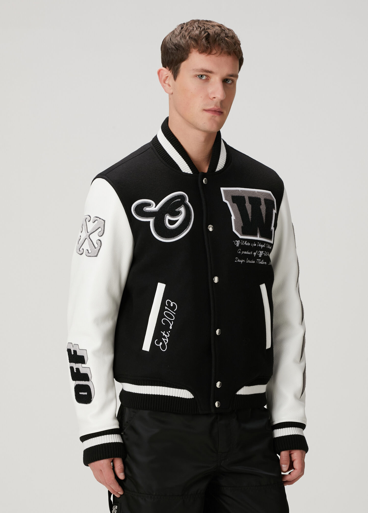 Off-White - Siyah Logo Detaylı Yün Bomber Ceket - Siyah