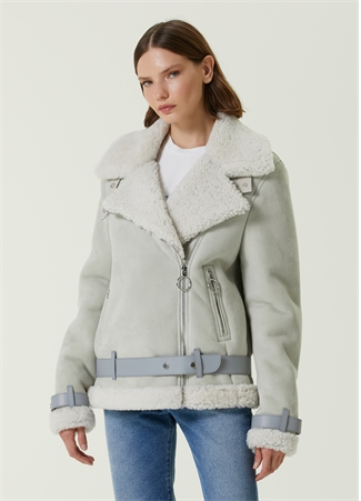 Off-White Kadın Gri Dik Yaka Shearling Detaylı Mont Bej 40 IT Off-White Kadın Gri Dik Yaka Shearling Detaylı Mont Bej 40 IT