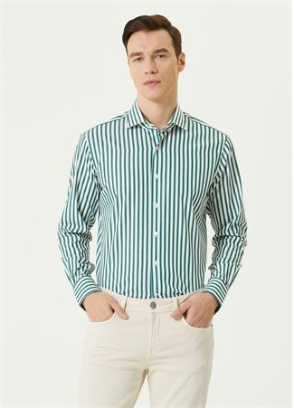 Alessandro Gherardi Erkek Beyaz Yeşil Çizgili Gömlek 42 IT