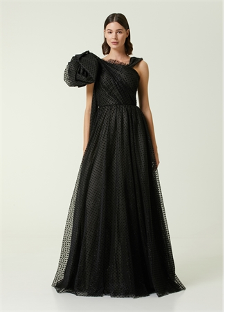 Dilek Hanif Kadın Siyah Asimetrik Puantiyeli Maksi Abiye Elbise 36 EU