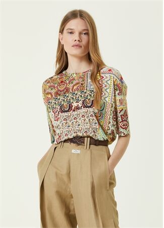 Etro Kadın Bej Şal Desenli Yarım Kol Bluz 42 IT