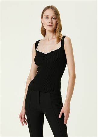 Musier Kadın Anel Siyah İnci Detaylı Askılı Triko Bluz 36 IT