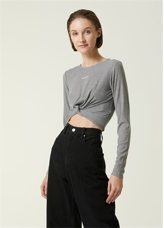 CK Jeans Kadın Gri Düğüm Detaylı Uzun Kol Crop T-shirt L EU
