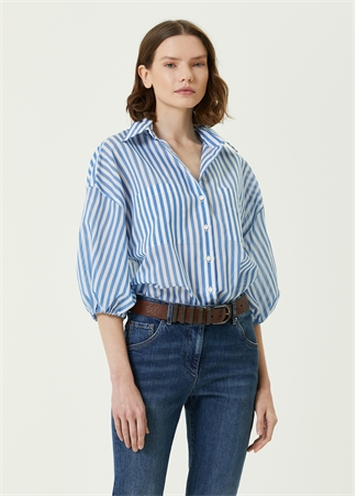 Brunello Cucinelli Kadın Mavi Beyaz Çizgi Desenli Gömlek XS EU