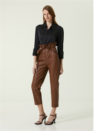 Muse For All Kadın Audrey Kahverengi Yüksek Bel Deri Pantolon 36 EU