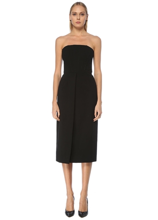 Dolce&Gabbana Kadın Siyah Straplez Yırtmaç Detaylı Midi Kokteyl Elbise 42 IT