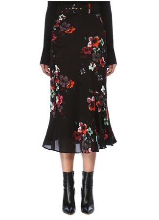 Nicholas Kadın Siyah Çiçekli Kemerli Büzgü Detaylı Midi İpek Etek 6 US