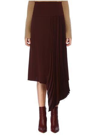 Joseph Kadın Selma Bordo Asimetrik Pilili Midi İpek Etek Kahverengi 38 FR