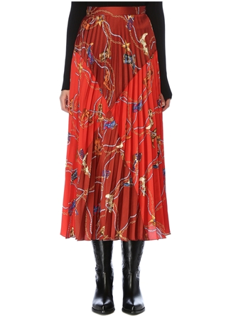 Sandro Kadın Patch Kırmızı Zincir Desenli Pilili Midi Etek 0 FR