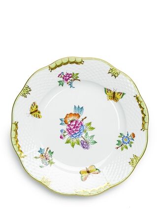 Herend Beyaz Çiçek Desenli Porselen Tabak Çok Renkli