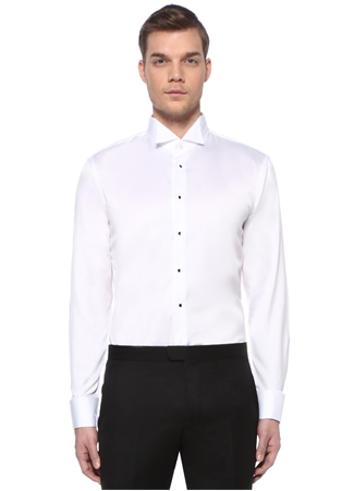 Beymen Collection Erkek Custom Fit Beyaz Ata Yaka Düğmeli Smokin Gömleği 38 IT