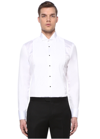 Beymen Collection Erkek Custom Fit Beyaz Ata Yaka Pliseli Smokin Gömleği 40 IT