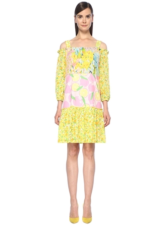 Boutique Moschino Kadın Sarı Çiçekli Omzu Açık Mini Elbise Pembe 46 IT