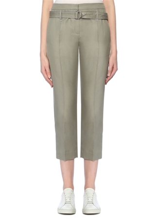 Brunello Cucinelli Kadın Haki Kemerli Şeritli Crop Keten Pantolon 40 IT